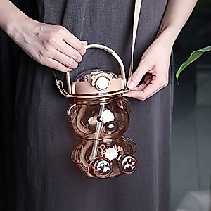 Kawaii Bear Straw Bottle,Portable Large Capacity Bear Water Bottle with Strap and Straw,Cute Bear Shaped Water Bottle Adjustable Removable Strap for Girls School Outdoor Travel (Brown-A)