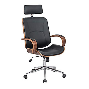 IDS Home Modern High Back Walnut Wood Office Chair with PU Leather Curved Ergonomic Bentwood Seat Swivel, Executive Wheels, Headrest Lumbar Support, Height Adjustment - Black