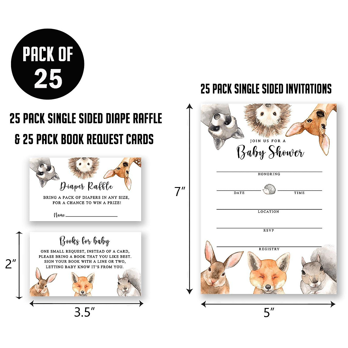 Yuzioey Woodland Baby Shower Invitations, 25 Pack Boy Woodland Invitations Macthing Envelpoes, Diaper Raffle Tickets, Book Request Cards