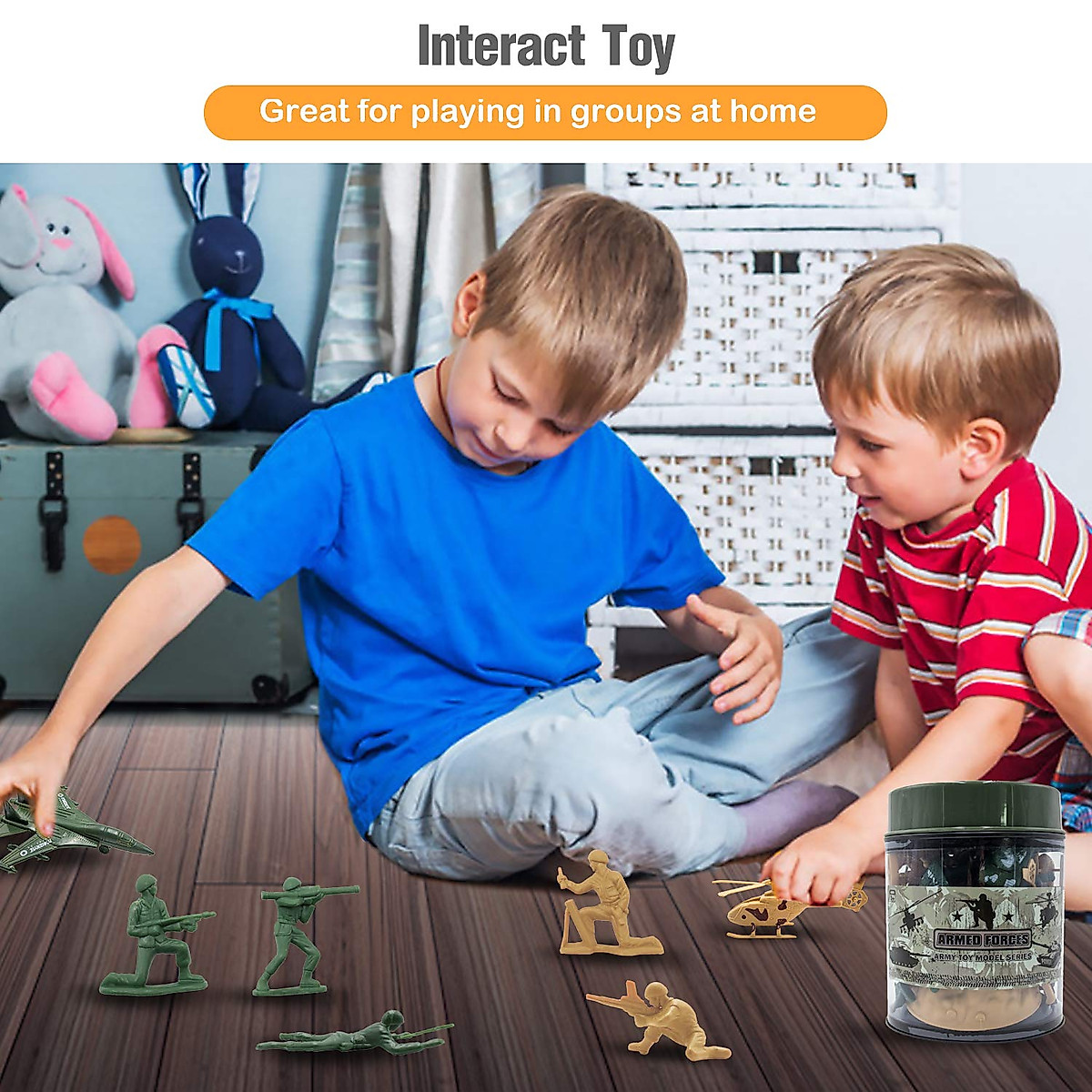 Hautton Toy Army Men Set, 107 PCS Plastic Military Action Figures Combat Battle Playset Bucket with Soldiers, Tank, Plane, Helicopter, Flag, Fence, and Battlefield Gift for Boys Kids Children