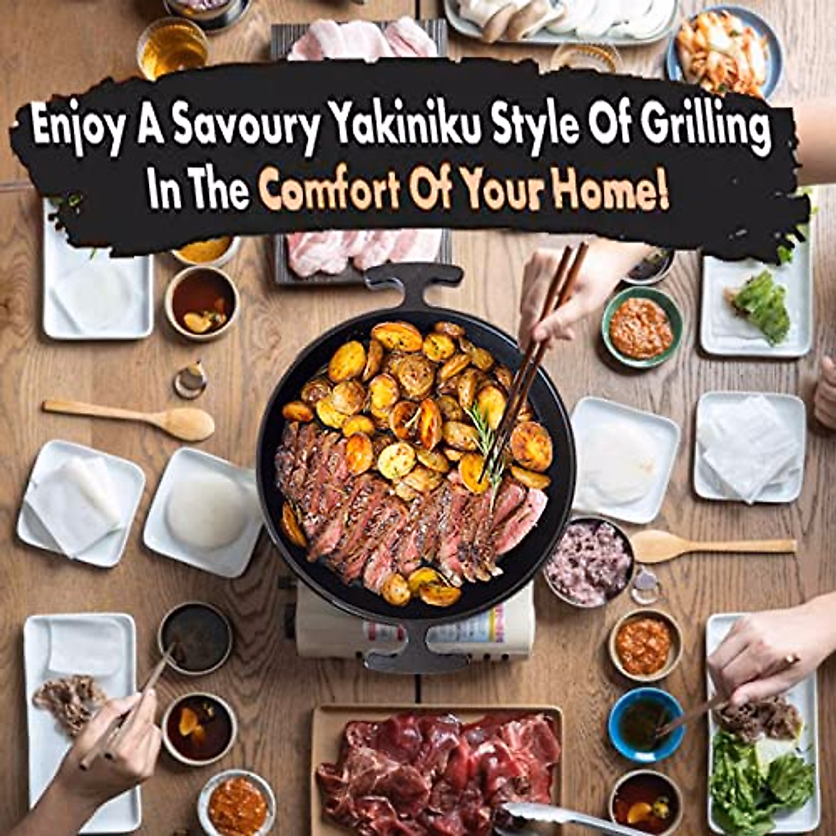 TRUMDAKE Cast Iron Japanese mini hibachi grill individual Tabletop Portable Grill camping cooking Yakiniku grill skillets BBQ Alcohol Stove Roasting grill （7" Diameter）