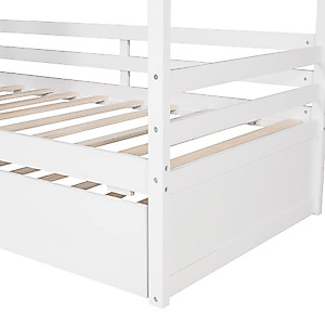 Harper & Bright Designs House Bed for Kids, Twin Daybed with Trundle and Roof, Twin Size Platform Bed Frame with Fence and Window for Kids, Teens, Girls & Boys, Easy Assembly (White)