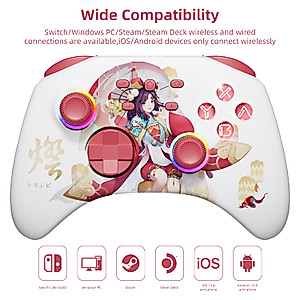 White Wireless Bluetooth Pro Controller for IOS/Android Phone, Switch/OLED/Lite, Steam Deck, PC, Multi Platform with RGB Light, Programmable Back Buttons, Headphone Jack, Anime Girl Touro