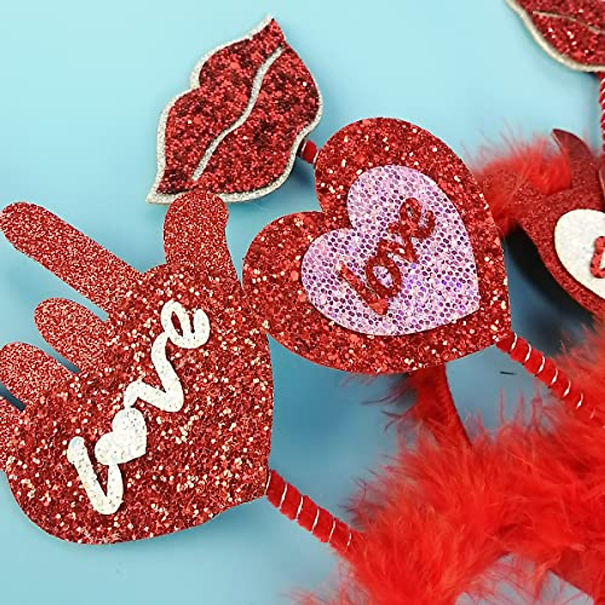 CIEOVO 4 Pieces Valentine's Day Headbands Glitter Red Heart Lip Bopper Headband Hair Hoop Head Bopper Hair Accessories for Valentine's Day Wedding Bridal Shower Party Favor Gift Photo Booth