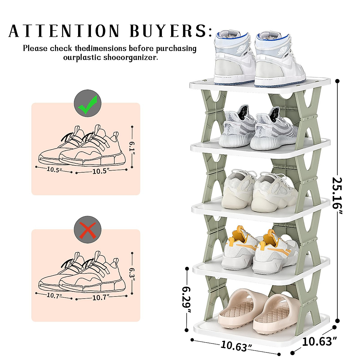 Dscabomlg Plastic 5-Tier Shoe Shelf - Foldable Shoe Storage - Modern Style - 5 Shelves - 3 lbs Capacity - Freestanding - Uniform Plastic Finish - 11.1" L x 1.1" W x 11.2" H - Unisex - Living Room