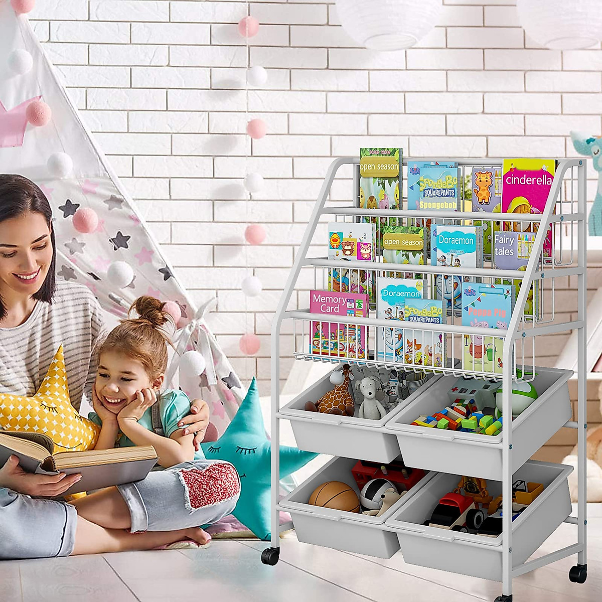 LINZINAR Bookshelf Iron Toy Organizer 3 Tier Mobile Bookrack 4 Plastic Toy Storage Boxes with Wheels—White…