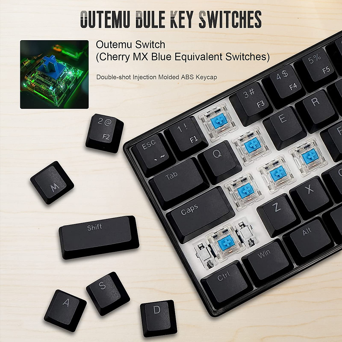 60% Wireless Wired Gaming Keyboard - 60 Percent Compact 61 Key Mini Mechanical Keyboard with RGB Backlit, Include 2.4Ghz USB Receiver and USB C Cable,Blue Switch for Desktop, Computer and PC