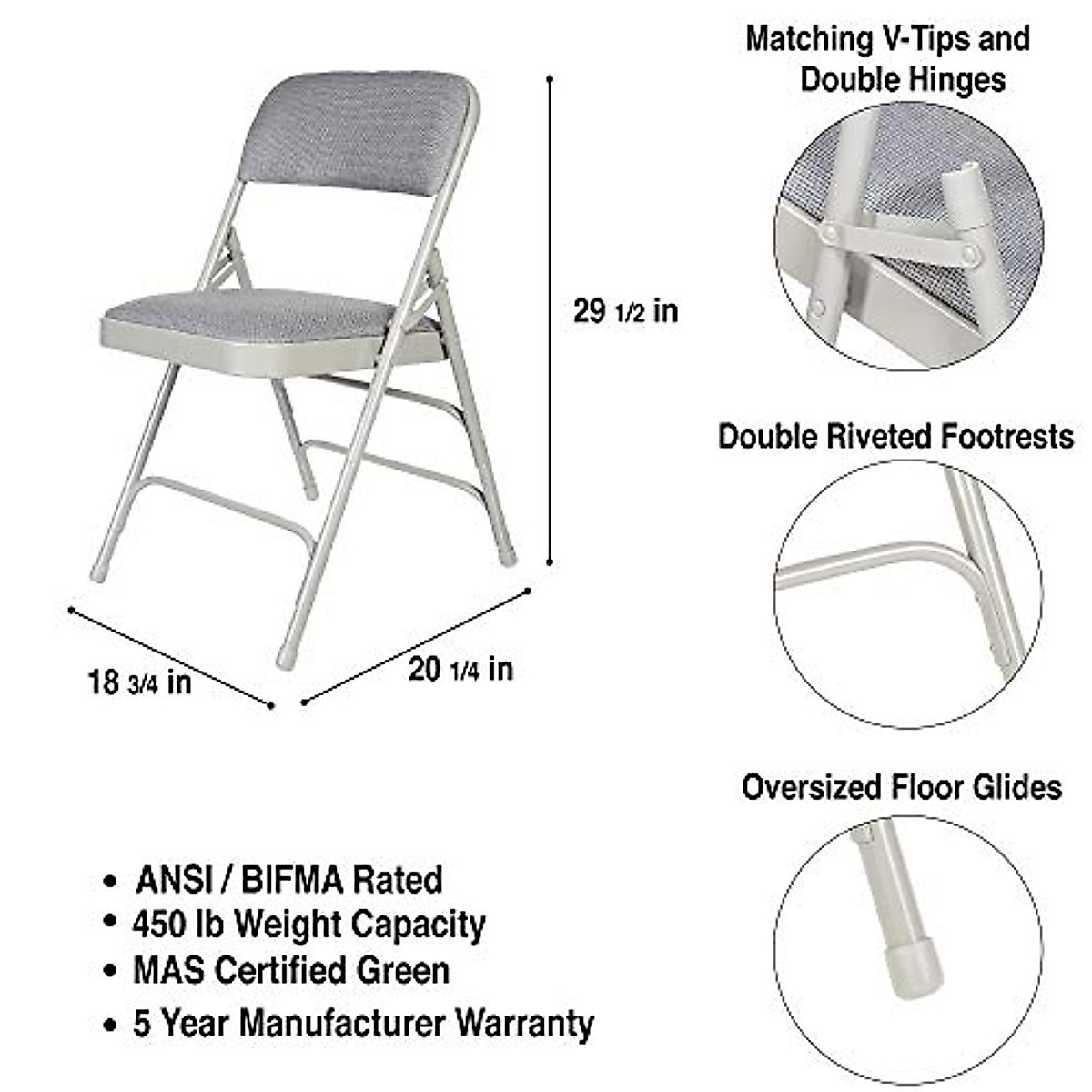 OEF Furnishings Premium Fabric Upholstered Steel Folding Chairs, 4 Pack, Grey