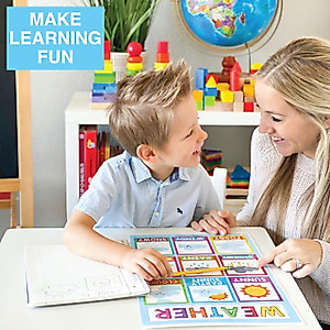 16 Educational Posters for Classroom Decor & Kindergarten Homeschool Supplies Baby to 3rd Grade Kids, Laminated PreK Learning Chart Materials – US & World Map, ABC Alphabet, Shapes, Days of the Week