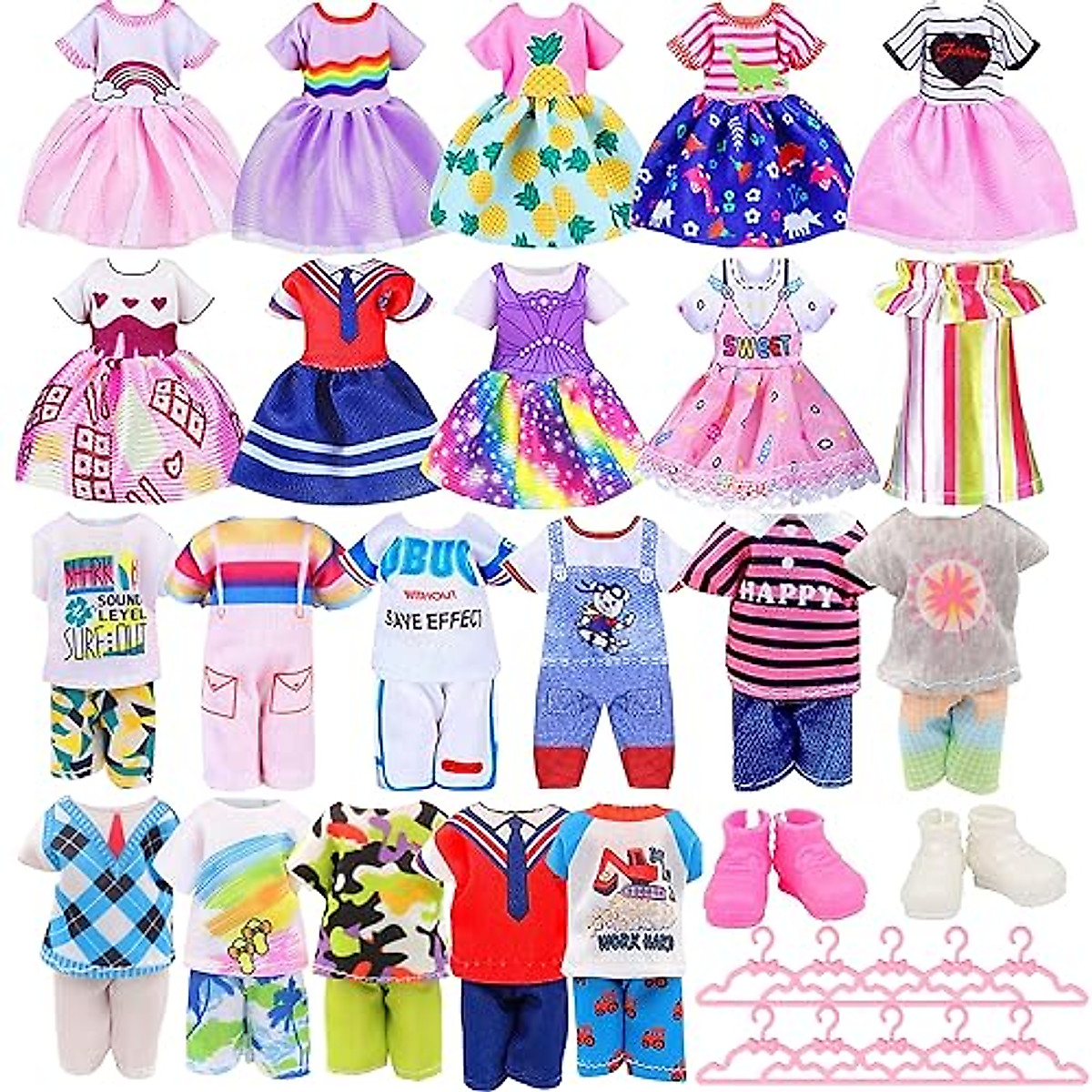 ENOCHT 22 PCS 5.3 Inch - 6 Inch Chelsea Doll Clothes and Accessories Include 5 Tops, 5 Pants for Boy Dolls, 5 Dresses for Girl Dolls and 2 Shoes, 10 Outfits Hangers