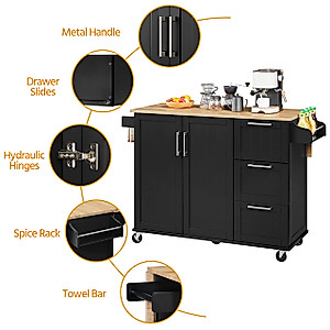 Yaheetech Kitchen Island Cart with Drop-Leaf Countertop, Rolling Kitchen Island Breakfast Bar Table on Wheels with Storage Cabinet & 3 Drawers & Spice Rack for Dinning Room, 53 Inch Width, Black