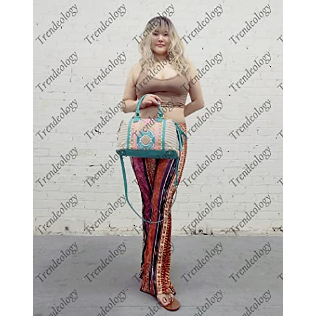 Boho Tassel Leaf Charm Aztec & Stripe Print Canvas Satchel Tote Handbag Purse (Embroidered Satchel - Black)