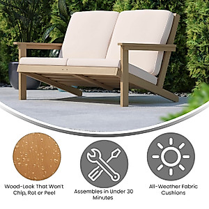 EMMA + OLIVER Hammond All-Weather Adirondack Style Loveseat - Natural Cedar Finish Polyresin Frame - Cream Cushions - Deep Seat - 300 lbs. Static Weight Per Seat