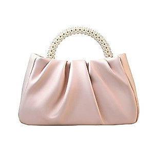 HEYCUE Women's Elegant Pearl Handbag Pleated Design Crossbody Purse Wedding Prom Bride Clutch Purse With Pearl Chain