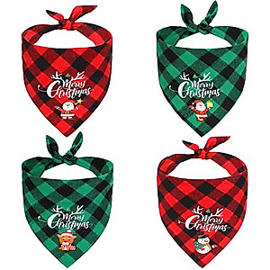 JUNEBRUSHS 4 Pack Dog Bandanna Christmas Pet Scarf Printing Plaid Xmas Handkerchiefs Cartoon Triangle Bibs Kerchief Set Party Supply for Small Medium Large Puppies Cats Pets