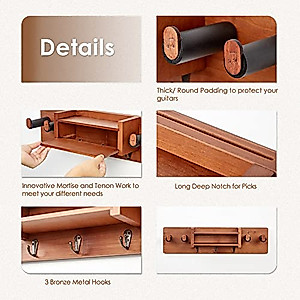 MIRIO Double Guitar Wall Mount with Shelf, Solid Wood Guitar/Ukulele Hangers with 2 Guitar Holders and Pick Holders for Wall Mount- Brown