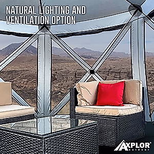 AxplorOutdoor RV Camping Gazebo Screen-Tent with Floor and Wind-Panels | 12ft x 12ft Portable Pop-Up Canopy Screen Room with Tarp Floor and Zippered-Side Panels | Pop-Up Screen Gazebo (Grey/Silver)