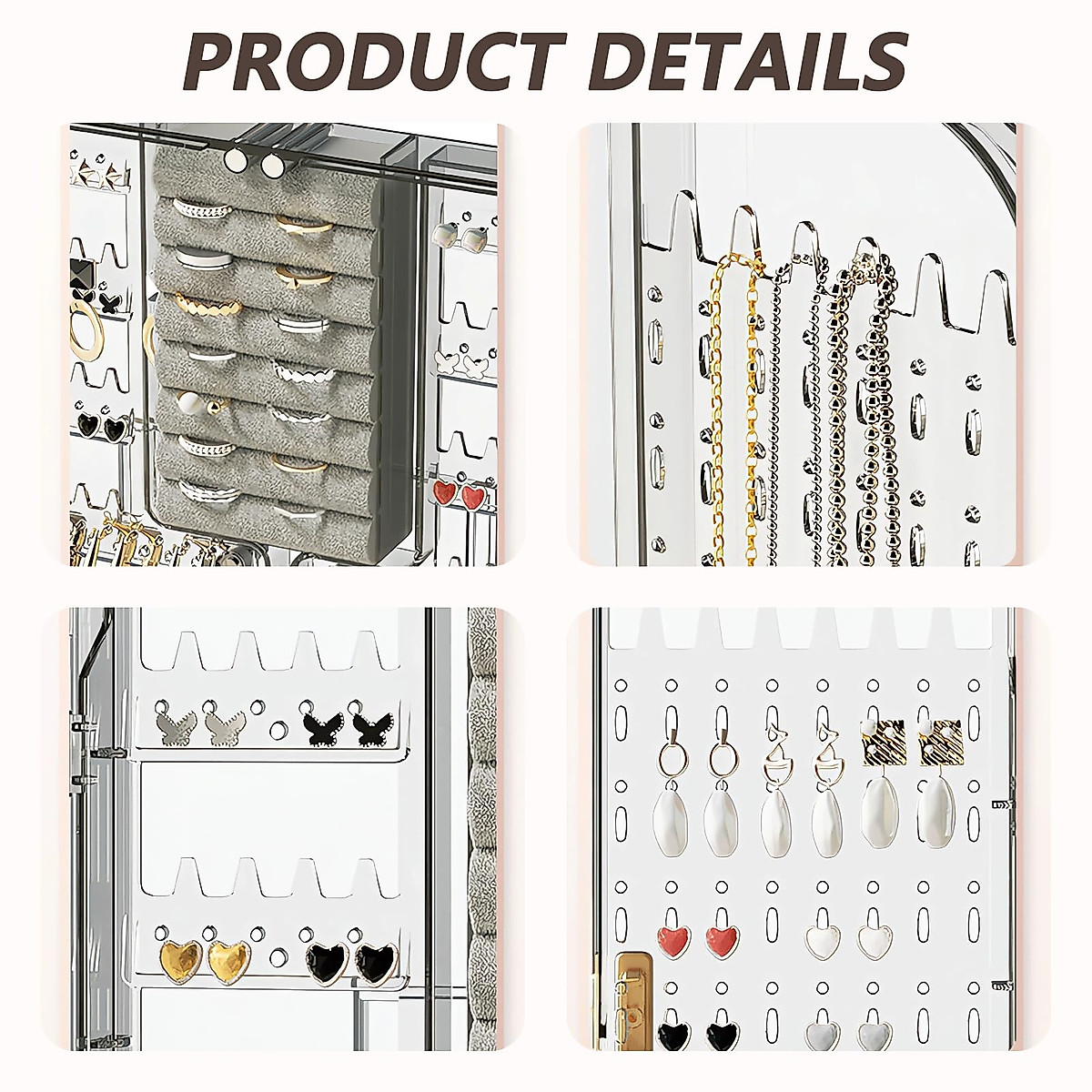 YFUIF Jewelry Boxes & Organizers Display Cabinet, Bedroom Wall Storage Decor Aesthetic, Acrylic Hanging Mounted Holder Earring Ring Necklace Preppy Teen Girl Birthday Gifts 11x8in (Ash Gold)