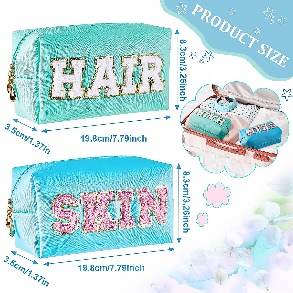 Patelai 2 Pcs Preppy Makeup Bags Chenille Letter Patch Bag Face Skin Hair Stuff Aesthetic Cosmetic Bag Travel Zipper Pouch Makeup Organizer Graduation Gift for Girls(Green, Blue, Hair, Skin)