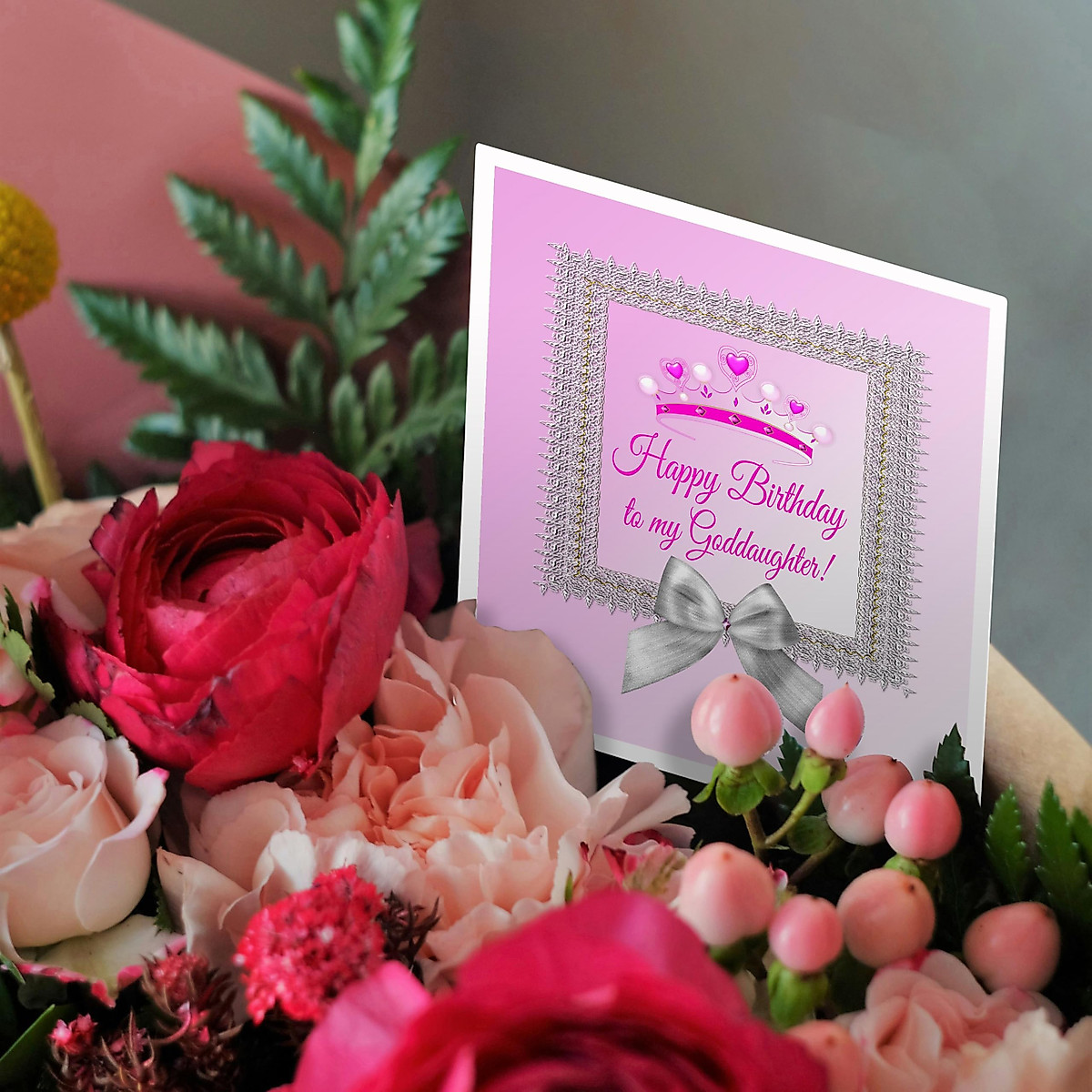 Greeting Card - Princess Crown Silver Frame, Bow, Happy Birthday, Goddaughter, Pink - Birthday Design