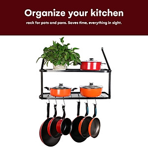 Vdomus Hanging Pot and Pan Organizer - Rustproof Wall Mounted Pot Rack for Kitchen Storage - Durable, Thick Iron Material - 2-Tier Pot Shelf with 10 Hooks for Utensils - Wall Mounted Black Pot Rack