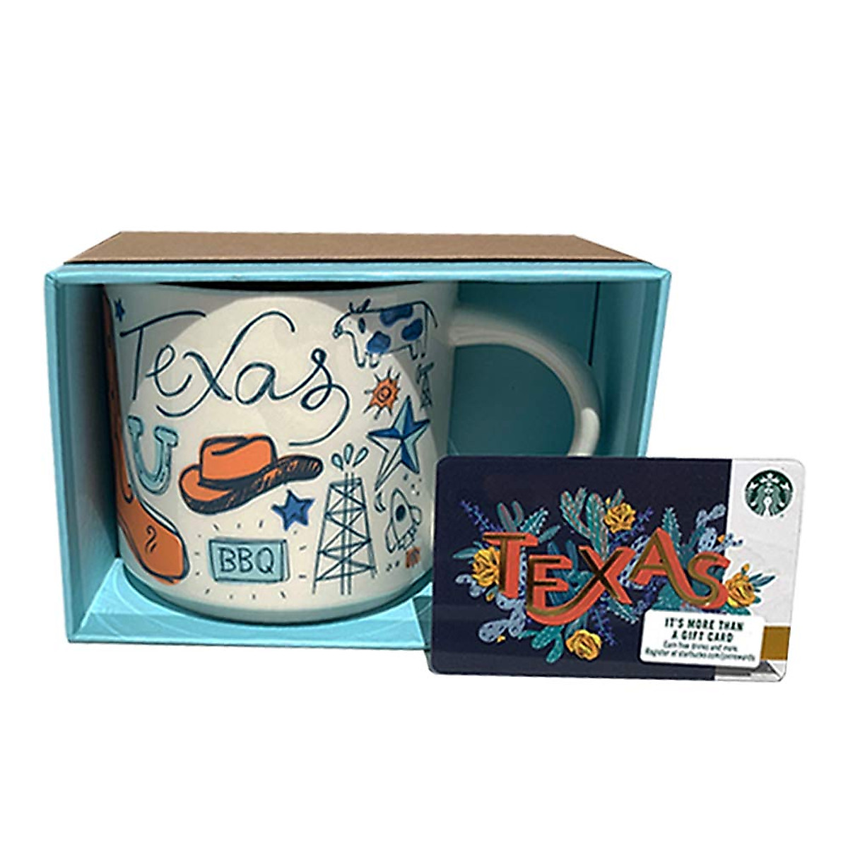 Starbucks Texas Coffee Mug with Limited Edition Texas Starbucks Gift Card Collectible No Value, Been There Series Across The Globe Collection White Orange Blue Ceramic Cup Gift Set, 14 FL OZ, 414 ML