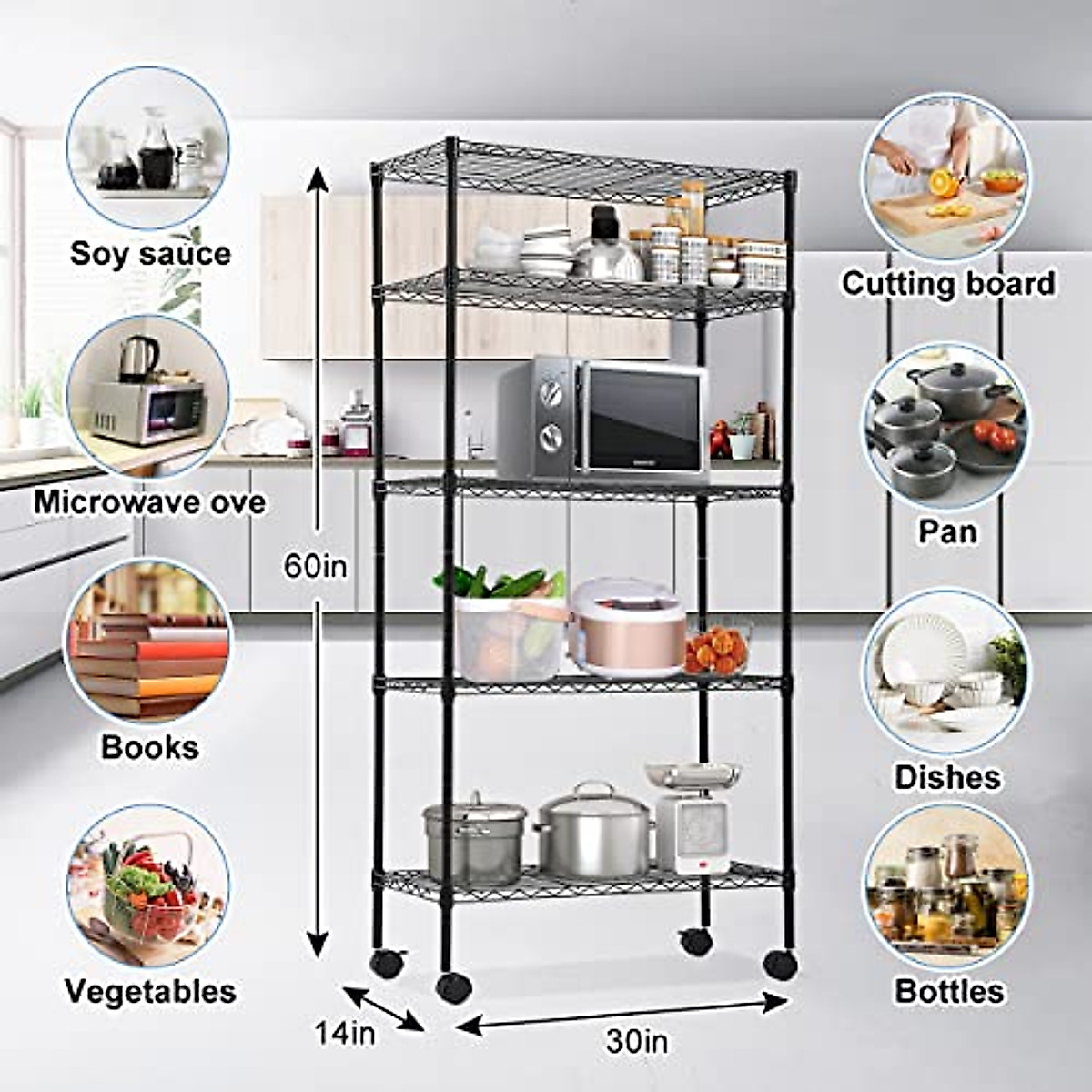 Dlewmsyic Wire Shelving with Wheels, 5 Layer 750 Lbs Capacity 60" Hx30 Lx14 W Metal Storage Shelf, Black