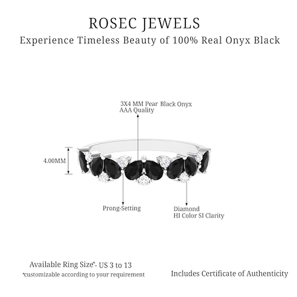 Certified Black Onyx Diamond Half Eternity Band Ring, AAA Quality, December Birthstone Ring (Ready To Gift), 14K Rose Gold, Size:US 9.00