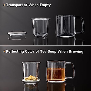 COPOTEA Glass TeaCup with Glass Infuser and Lid, 14.5oz/ 430ml Borosilicate Glass Tea Mug for Warmer Safe, Clear Teacup for Loose Leaf Tea, Blooming Tea
