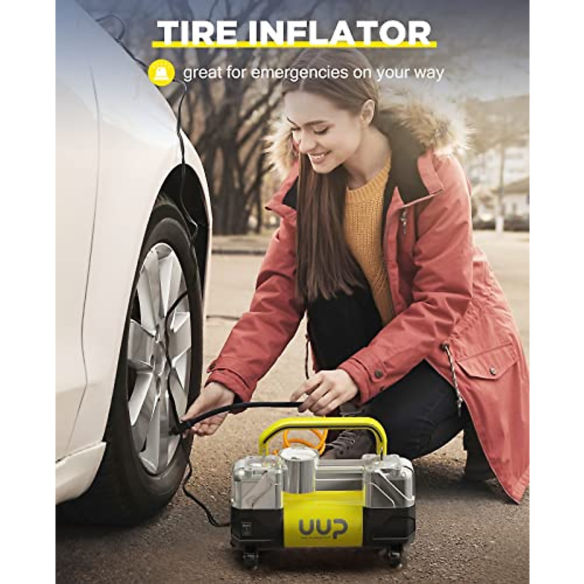 UUP Tire Inflator Air Compressor, 150PSI 12V DC Double Cylinders Heavy Duty Portable Air Pump w/Emergency LED Light for Truck, SUV, Car, RV