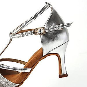 SWDZM Women Satin Latin Dance Shoes T-Strip Ballroom Salsa Chacha Performance Practice Dancing Shoes,809 Heel 3",Silver 7.5 US