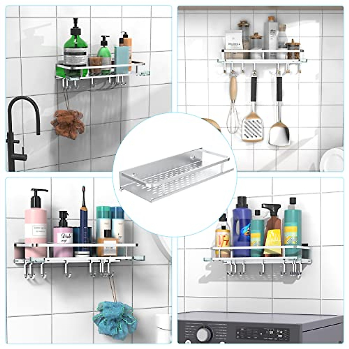 Shower Caddy Bathroom Shower Organizer No Drilling/Drilling Install Shower Shelf for Inside Shower with 8 Hooks Detachable Wall Mounted Shower Shelves for Dorm Bathroom Toilet Kitchen Storage