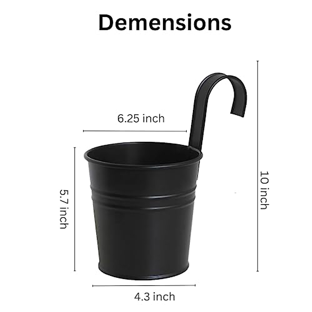 GARDEN4LIFE 6.25 Inch Large Iron Hanging Plant Pot Set - Planters for Indoor Plants & Outdoor Flora w/Drainage Hole, Detachable Hook - Ideal Balcony Planters Fence Railing Hanging Pots - 4Pcs Black