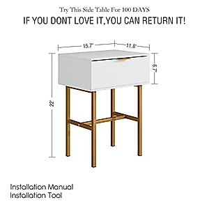 Masupu Nightstand,Mid-Century Modern Bedside Table with Drawer,Small End Table with Gold Frame for Bedroom,Living Room,Classic White