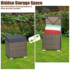 DORTALA 2 Pieces Patio Wicker Ottomans, Outdoor PE Rattan Side Table with Storage Cabinet, Cushions, Foot Rest for Couch, Chair, Navy Blue