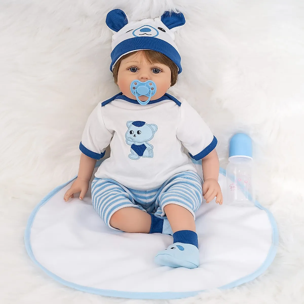 ENADOLL Reborn Baby Doll Realistic Silicone Vinyl Newborn Baby Boy 24 inch Weighted Cotton Body Lifelike Doll Gift Set for Ages 3+(Blue Bear)