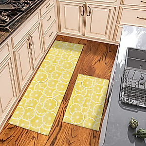 Cute Lemon Yellow Kitchen Rug and Runner Sets 2 Piece Non-Slip Bath Mats and Rugs Spring Summer Fruit Decorative Area Runners Rubber Backing Carpets Floor Sink Doormat