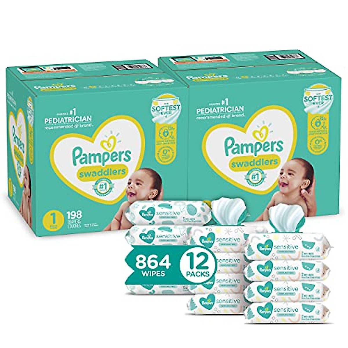 Pampers Swaddlers Disposable Baby Diapers Size 1, 2 Month Supply (2 x 198 Count) with Sensitive Water Based Baby Wipes, 12X Pop-Top Packs (864 Count)