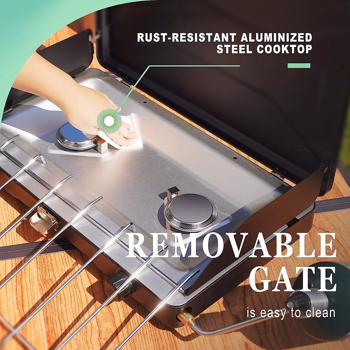 VANSTON 2-Burner Propane Camping Stove, 20,000 Total BTUs Portable Gas Camping Grill, Stovetop with Adjustable Burners, Wind Guards, Heavy-Duty Latch, Built-in Carrying Handle, Pressure regulator