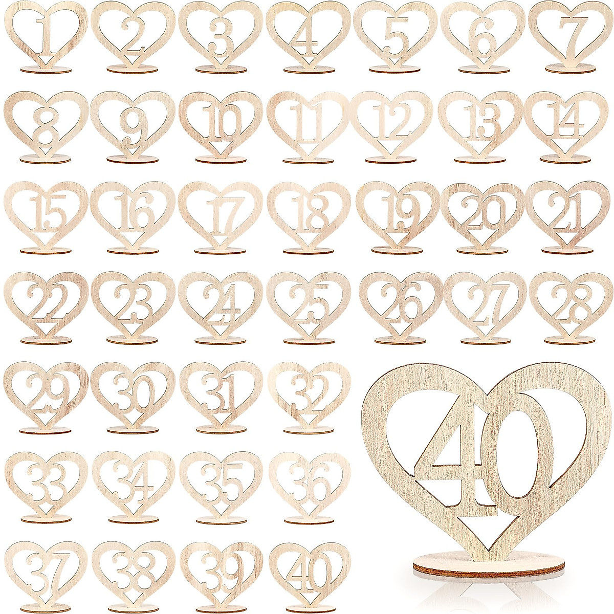 Blulu 40 Pieces Wooden Wedding Table Numbers Heart Shape 1-40 Table Numbers with Holder Base Standing Rustic Hollow Wood Table Numbers for Wedding Event Party Catering Decoration