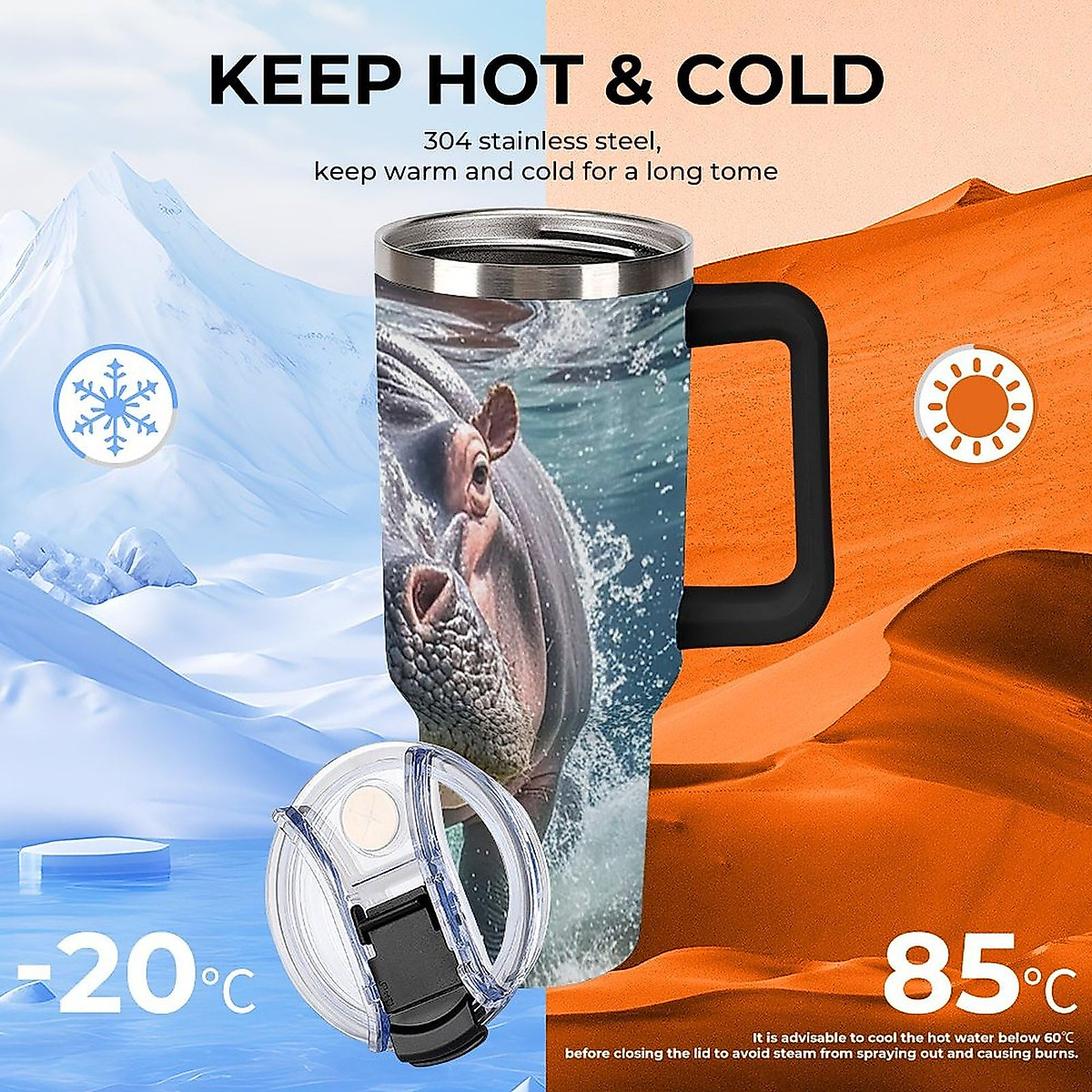 FHECVBN Black 40 Oz Insulated Tumbler with Handle Diving Hippo Printed Leakproof Water Bottle Coffee Mug Car Cup for Gym Outdoors Commute Work