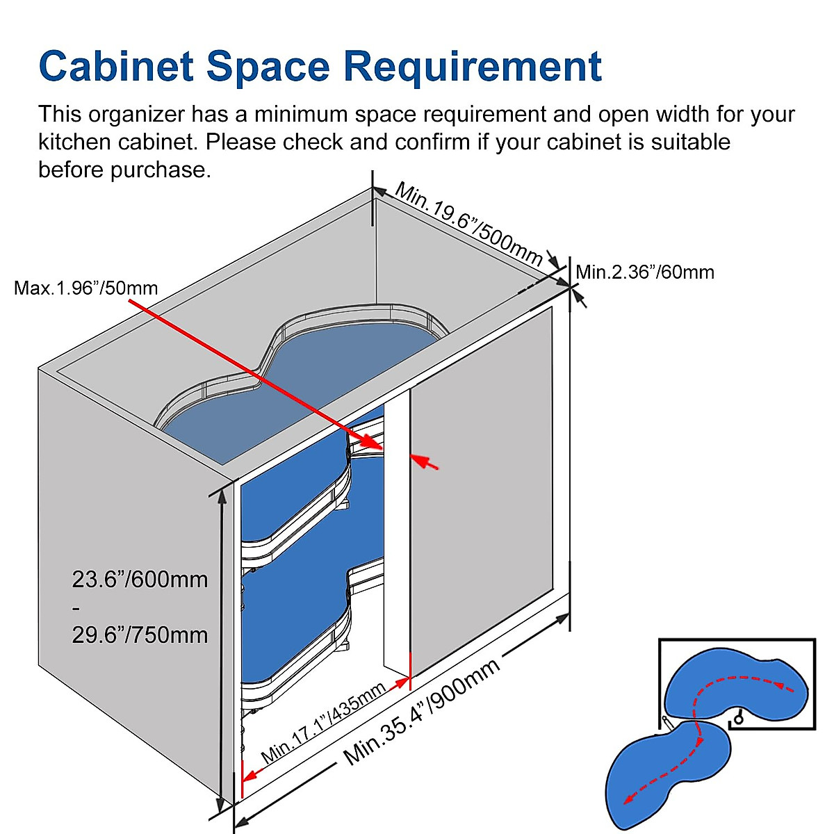 VADANIA Left Swing Pull Out Organizer for 36" Blind Corner Kitchen Cabinet, 2 Tiers Swing Tray, Soft Close, Left Handed Open