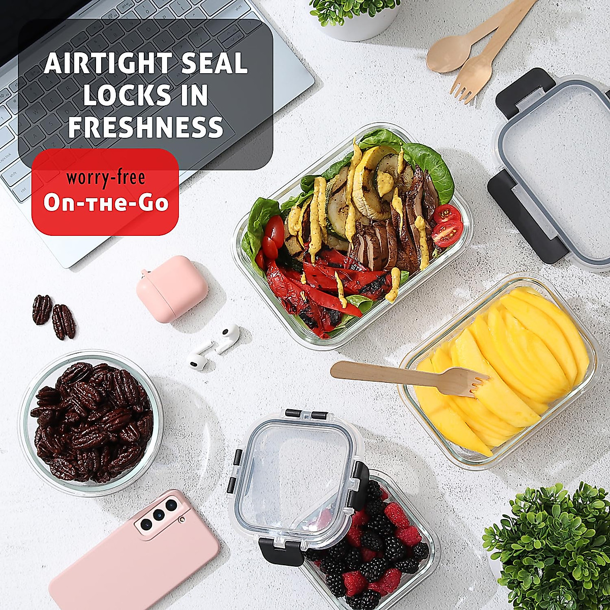 Nestl 24pc (12 Airtight, Freezer Safe Food Storage Containers and 12 Lids), Pantry Kitchen Storage Containers, Glass Meal Prep Container for Lunch, Glass Storage Containers with Lids Black