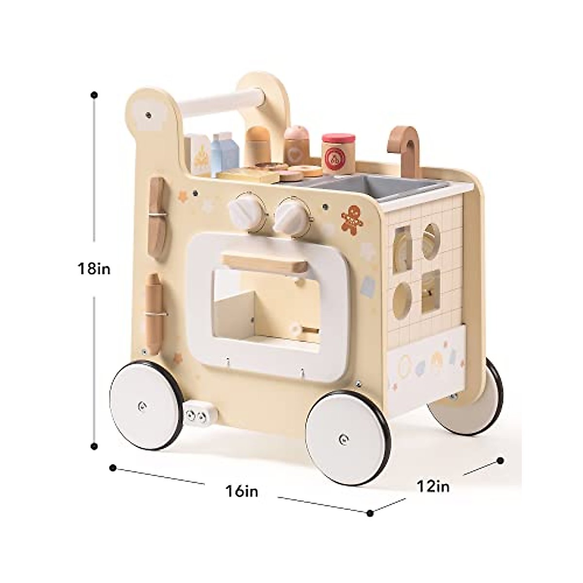 ROBOTIME Baby Push Walker Wooden Strollers,4 in 1 Multiple Activities Center Learning Activity Walker Toys, Suitable for Toddlers Kid 12Mos+ with Bakery Kitchen,Shape Sorter and Movable Slider