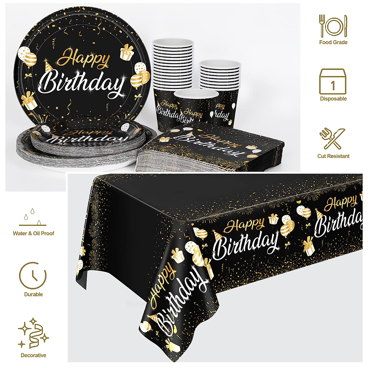 durony 126 Pieces Black and Gold Complete Birthday Tableware Set Party Supplies Includes Paper Cups Plates Napkins Waterproof Tablecloth Happy Birthday Party Favor