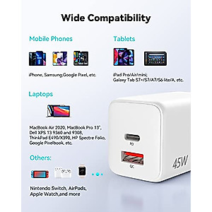 45W USB C Charger, TECKNET PD 3.0 Super Fast Wall Charger with Dual Ports, GaN Tech Portable Power Adapter Compatible for iPhone 14/13/Mini Pro Max, MacBook Pro 13″, iPad Pro, Galaxy S22/21
