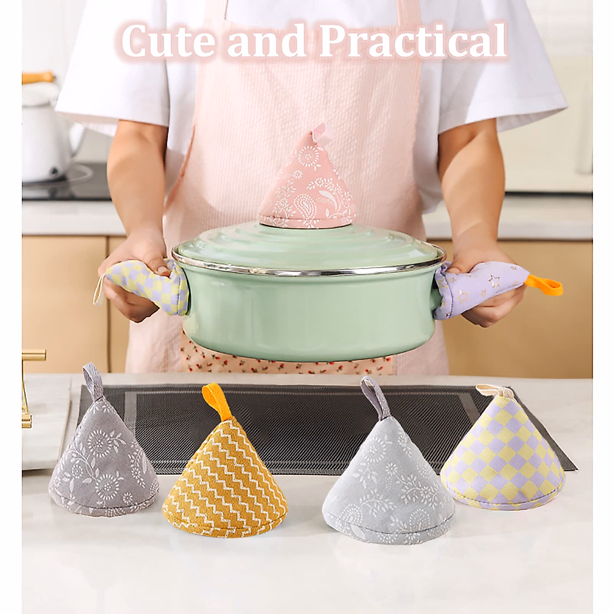 2Pcs Cotton Pot Handle Holder, Heat Resistant Cloth Pot Clip Covers Cooking Gloves Oven Mitt Mini Triangle Insulation Non-Slip Pot Lid Hats for Kitchen Cooking Baking Grilling (Flower-Light Grey)