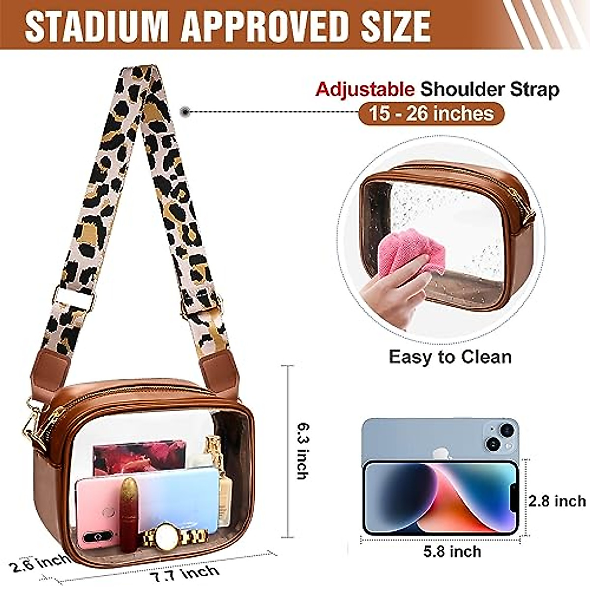 COROMAY Clear Bag Stadium Approved, Clear Crossbody Purse Bag with Adjustable Strap, Leather Clear Stadium Bag for Sports Concerts Events