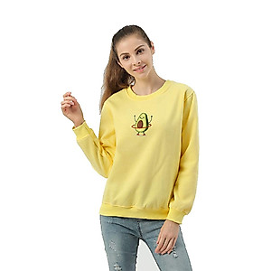 KEEVICI Popular Cartoon Cute Avocado Print O-neck Cotton Casual Pollover Sweatshirt (Yellow,L)