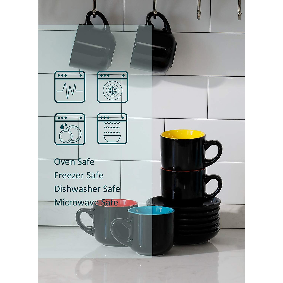 Teocera Porcelain Cappuccino Cups with Saucers - 6 Ounce for Coffee Drinks, Latte, Cafe Mocha and Tea - Set of 6, Black Multi Color